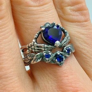 Gothic Wedding Ring Set With Sapphire, Fantasy Forest Wedding Ring Set ...