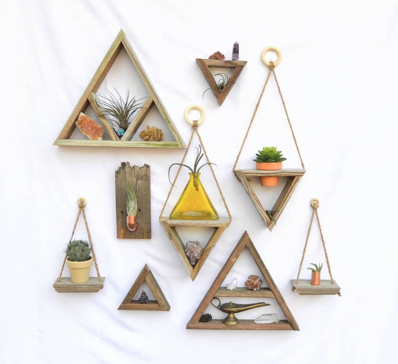 Diamond Triangle Shelf · Geometric Wood Art · Crystal Display Shelf ...