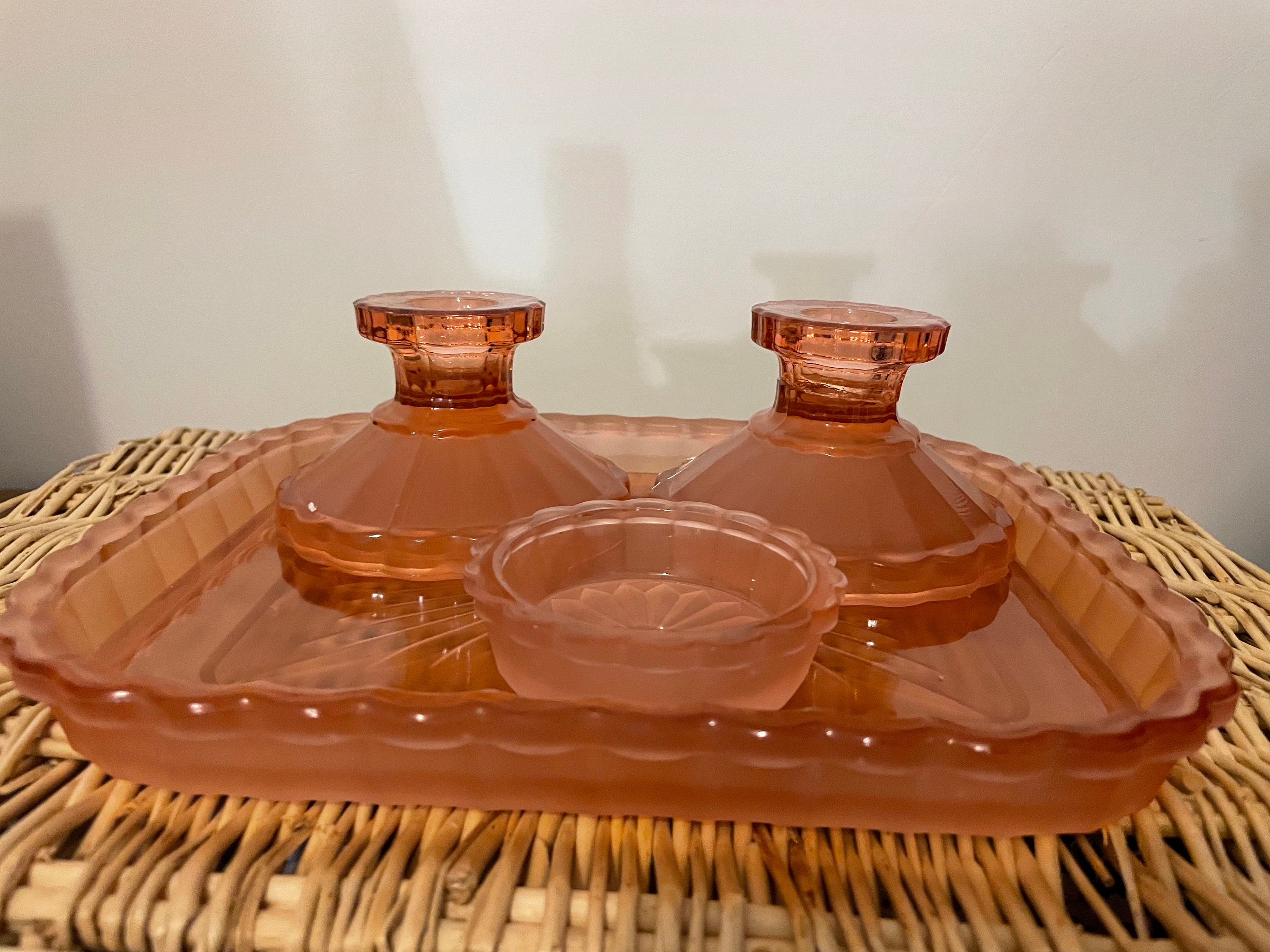 Pink Glass Dressing Table Set Includes Tray Candlesticks Trinket Pot ...