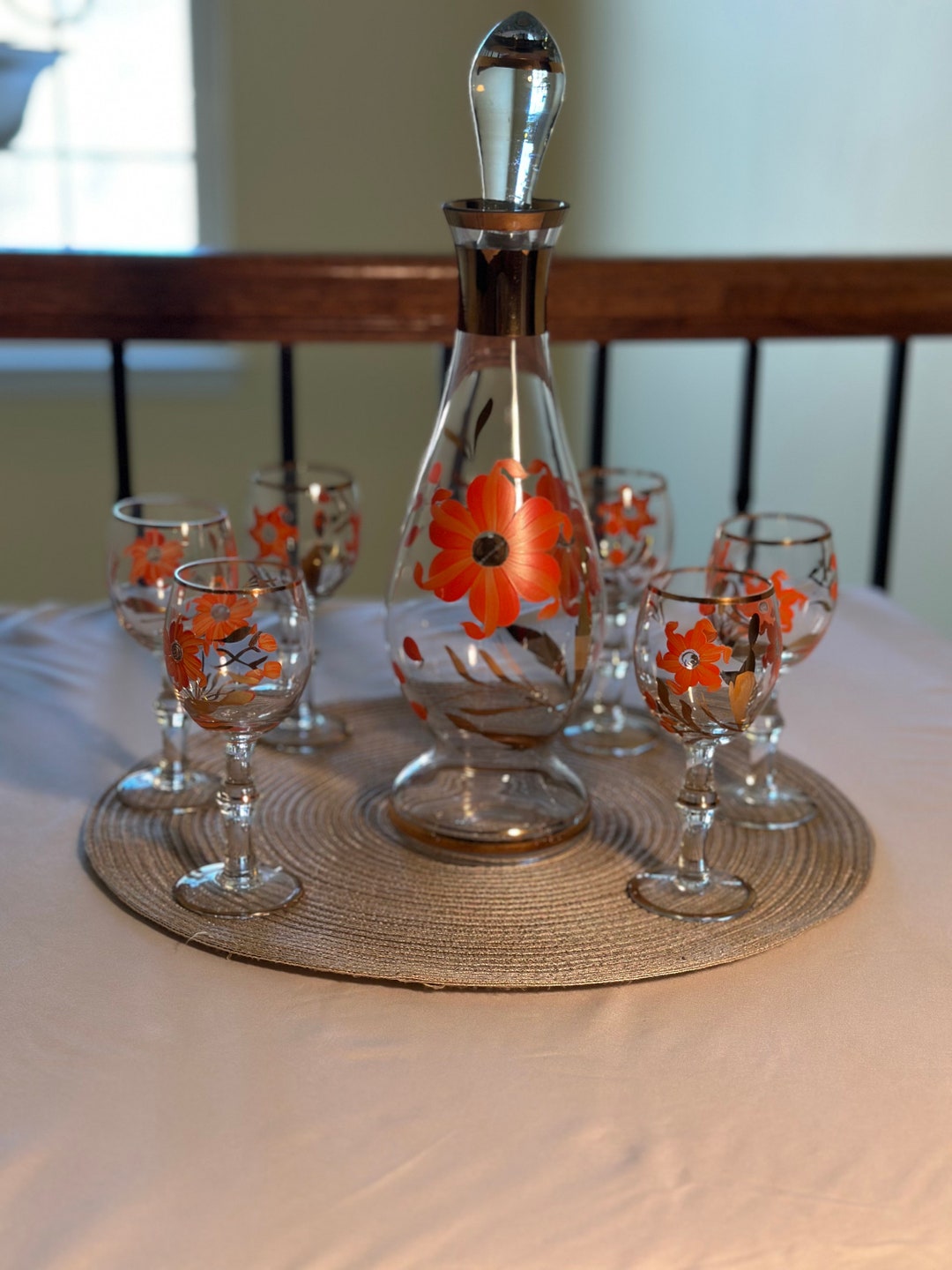 Hand Painted Romania Glass Decanter With Six Glasses - Etsy