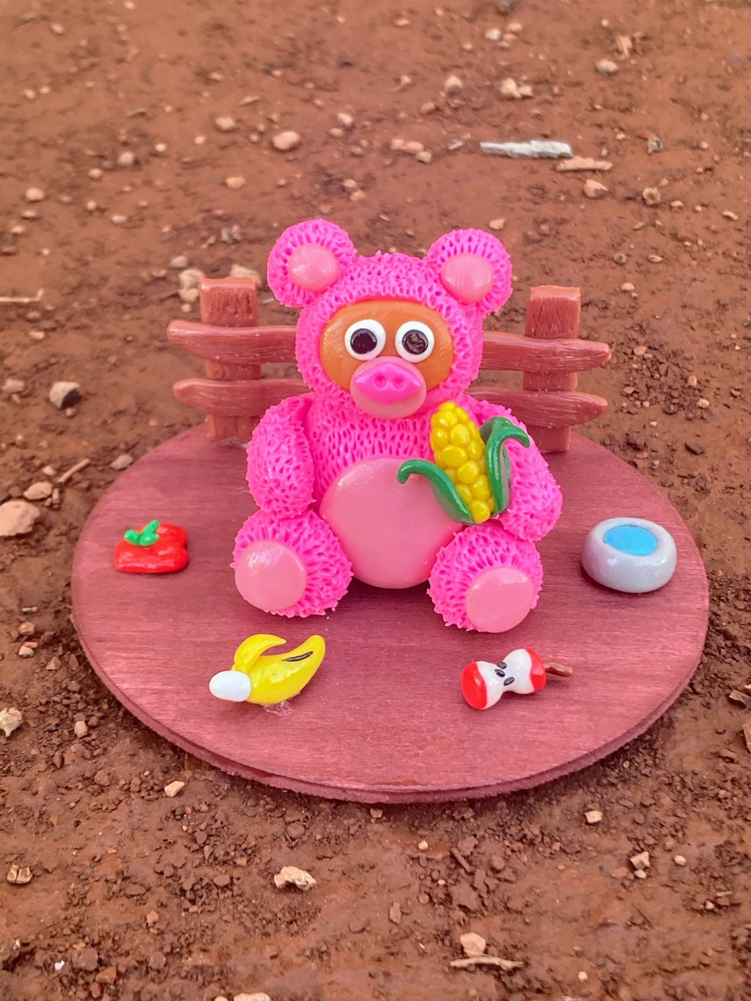 Teddy Bear Pig in Mud Figurine-pink Teddy Bear Pig-handmade Polymer ...