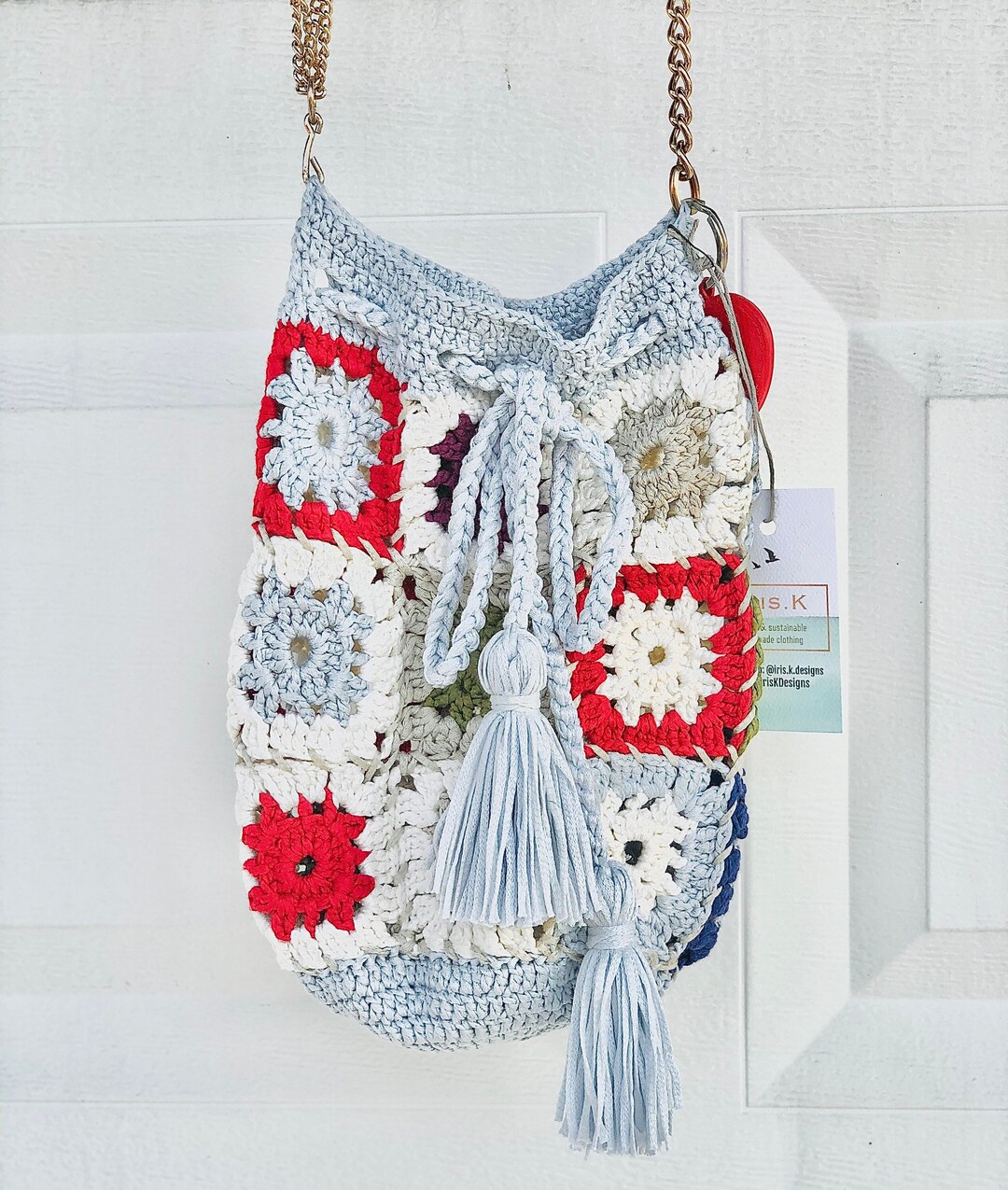 Multicolored Hand Crocheted Patchwork Bucket Handbag / Purse With Chain ...
