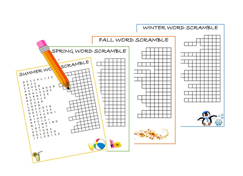Printable PDF Four Seasons Coloring Pages, Word Search, & Word Scramble ...