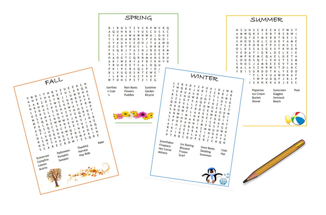Printable PDF Four Seasons Coloring Pages, Word Search, & Word Scramble ...