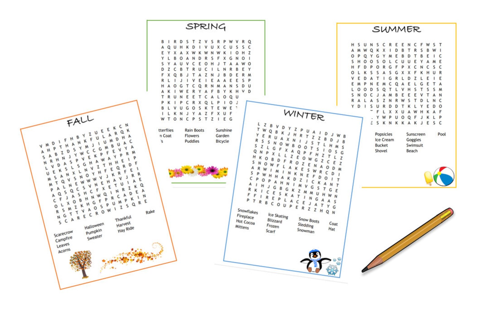 Printable PDF Four Seasons Coloring Pages, Word Search, & Word Scramble ...