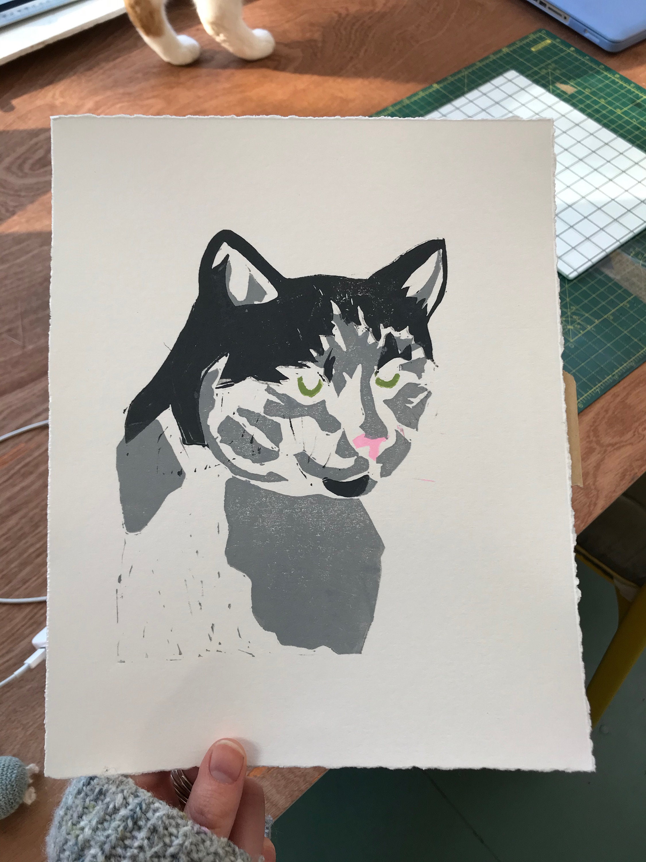 Cat Lino Print Green Eyes animal art linocut Linoprint | Etsy