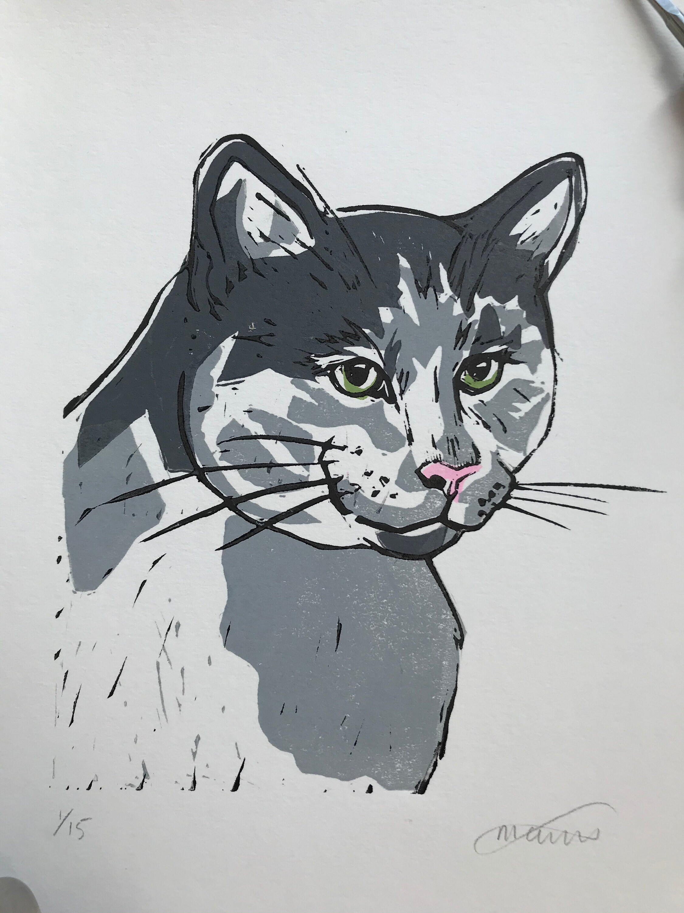 Cat Lino Print Green Eyes animal art linocut Linoprint | Etsy