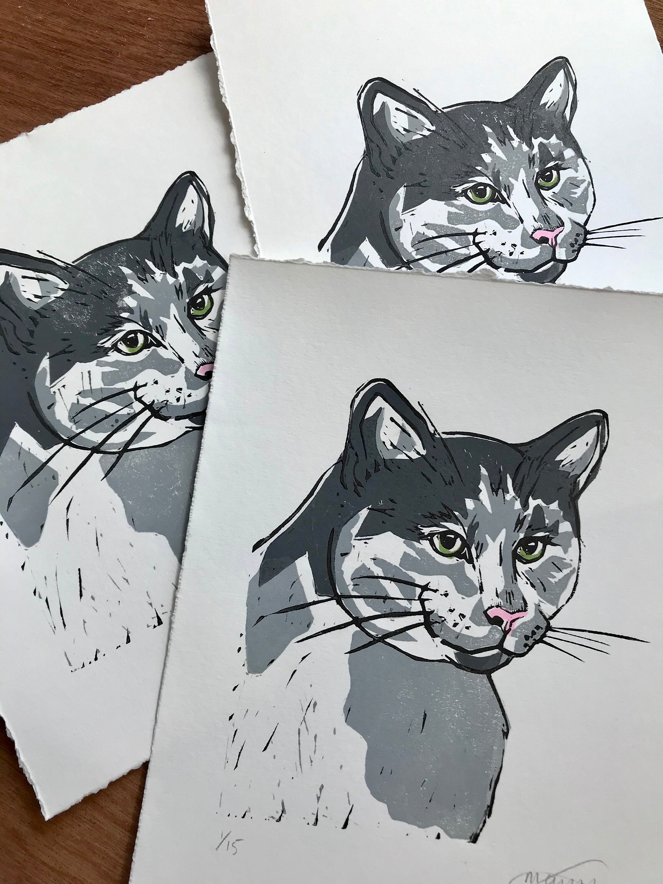Cat Lino Print Green Eyes animal art linocut Linoprint | Etsy