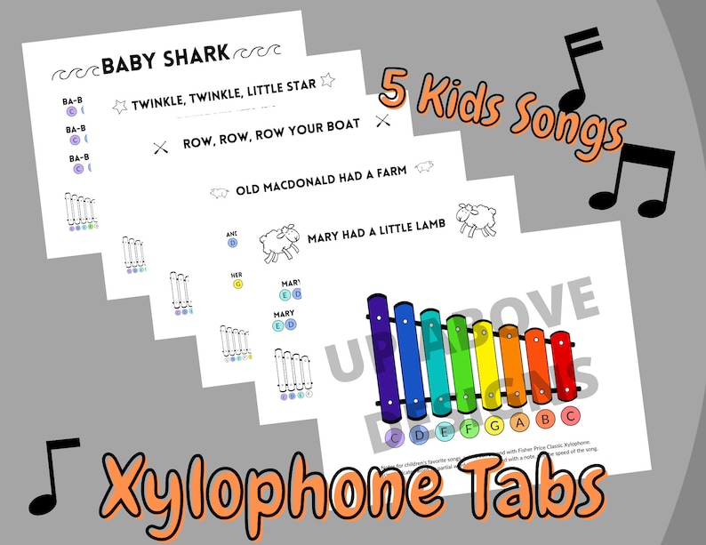 Xylophone Sheet Music - 5 Kids Songs - Etsy