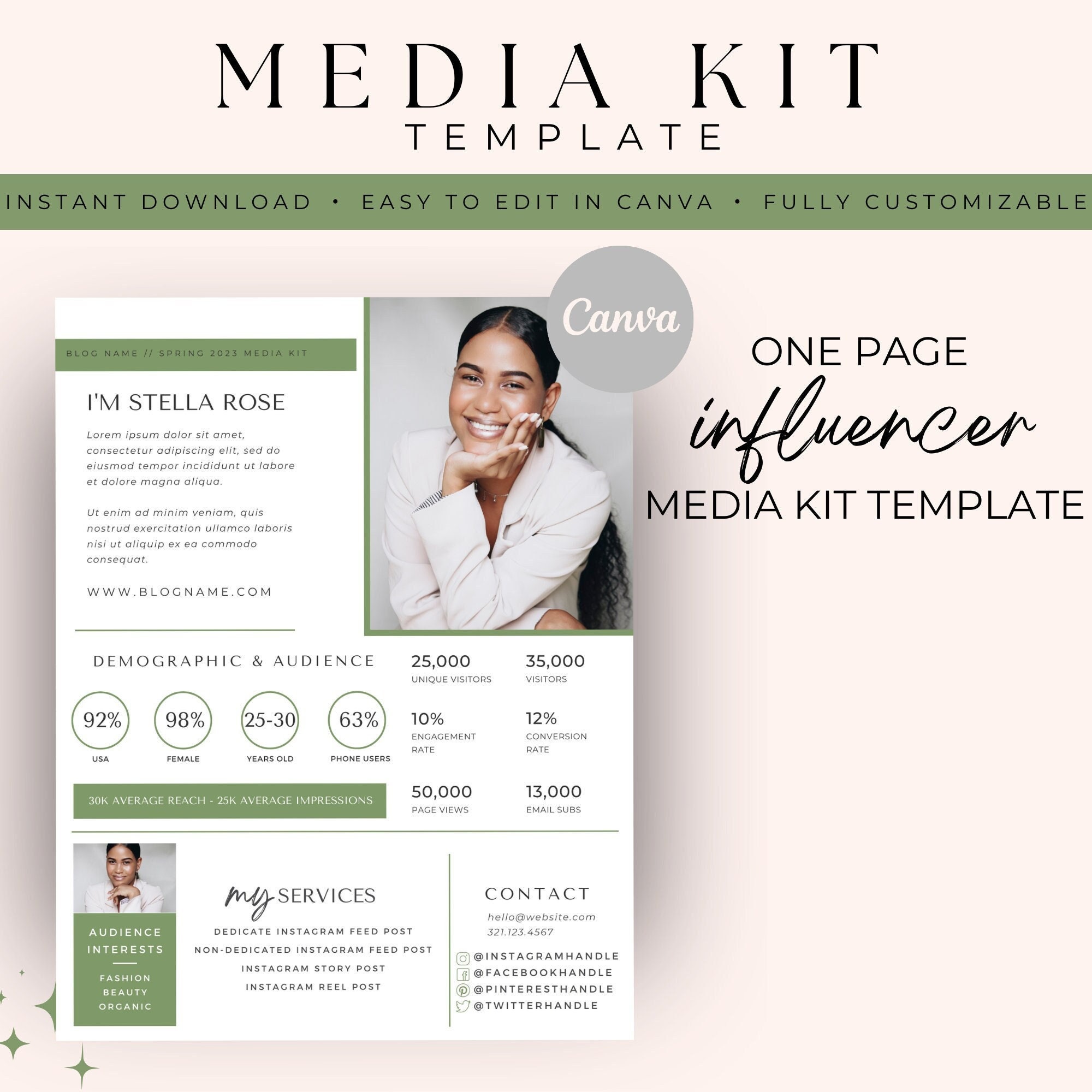 1 Page Basic Media Kit Canva Template INSTANT DOWNLOAD Green Influencer ...
