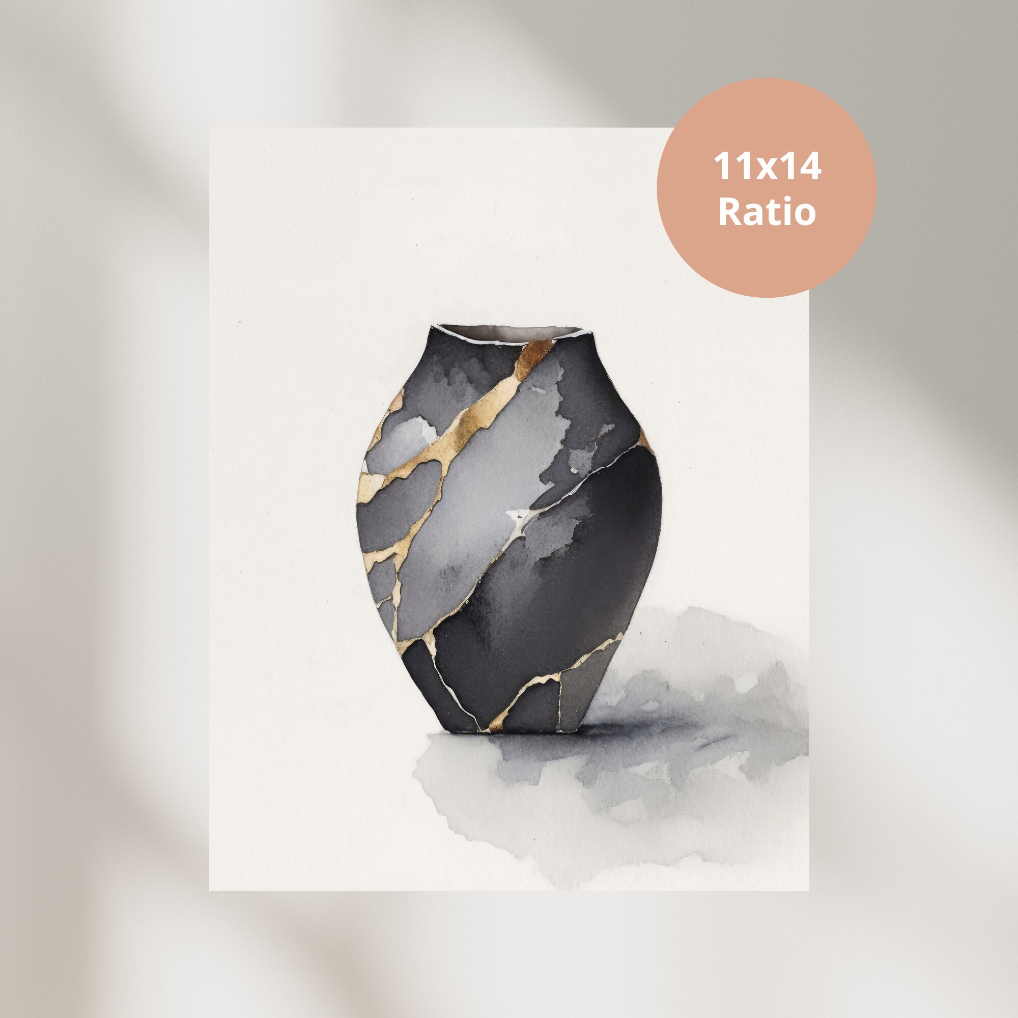 Watercolor Kintsugi Wall Art / Kintsugi Vase / Neutral Tones ...