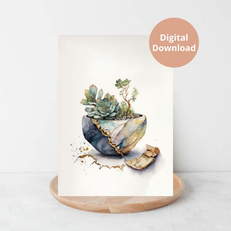 Watercolor Kintsugi Wall Art / Kintsugi Planter / Earth Tones ...