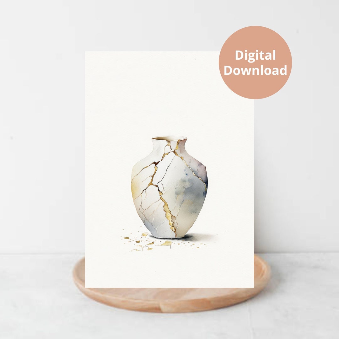 Watercolor Kintsugi Wall Art / Kintsugi Vase / Neutral Tones ...