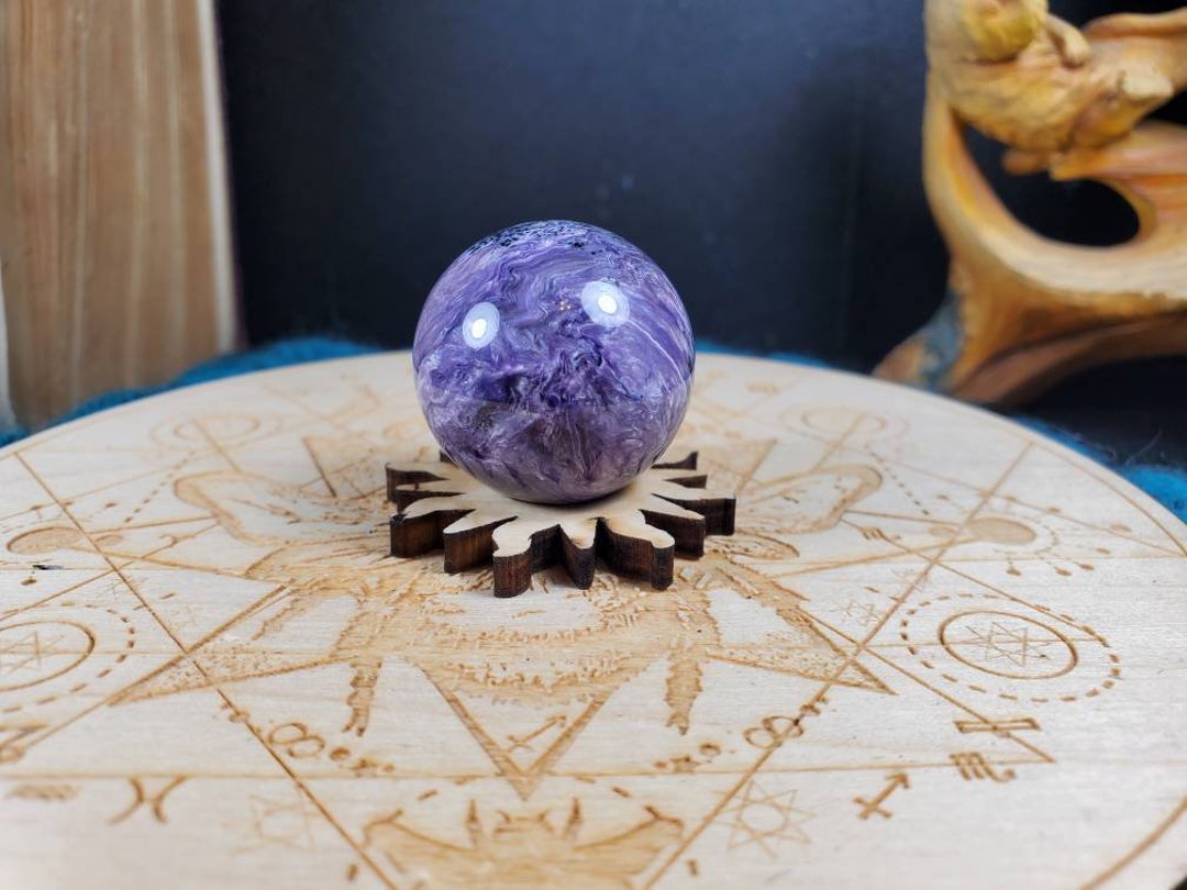 28mm Charoite Sphere and Stand Polished Stone Carved Crystal Ball Chara ...