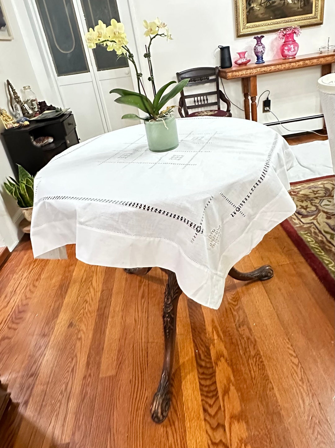 Vintage White Embroidered Table Topper - Etsy