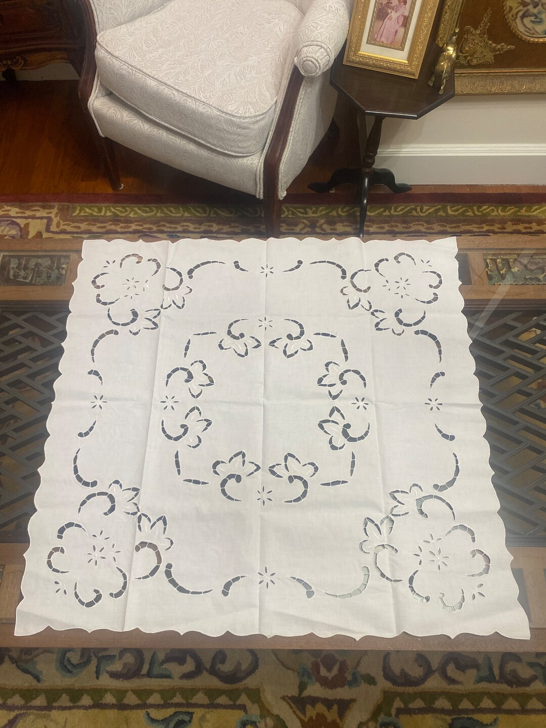 Vintage Square Cutwork Embroidered Table Topper. - Etsy