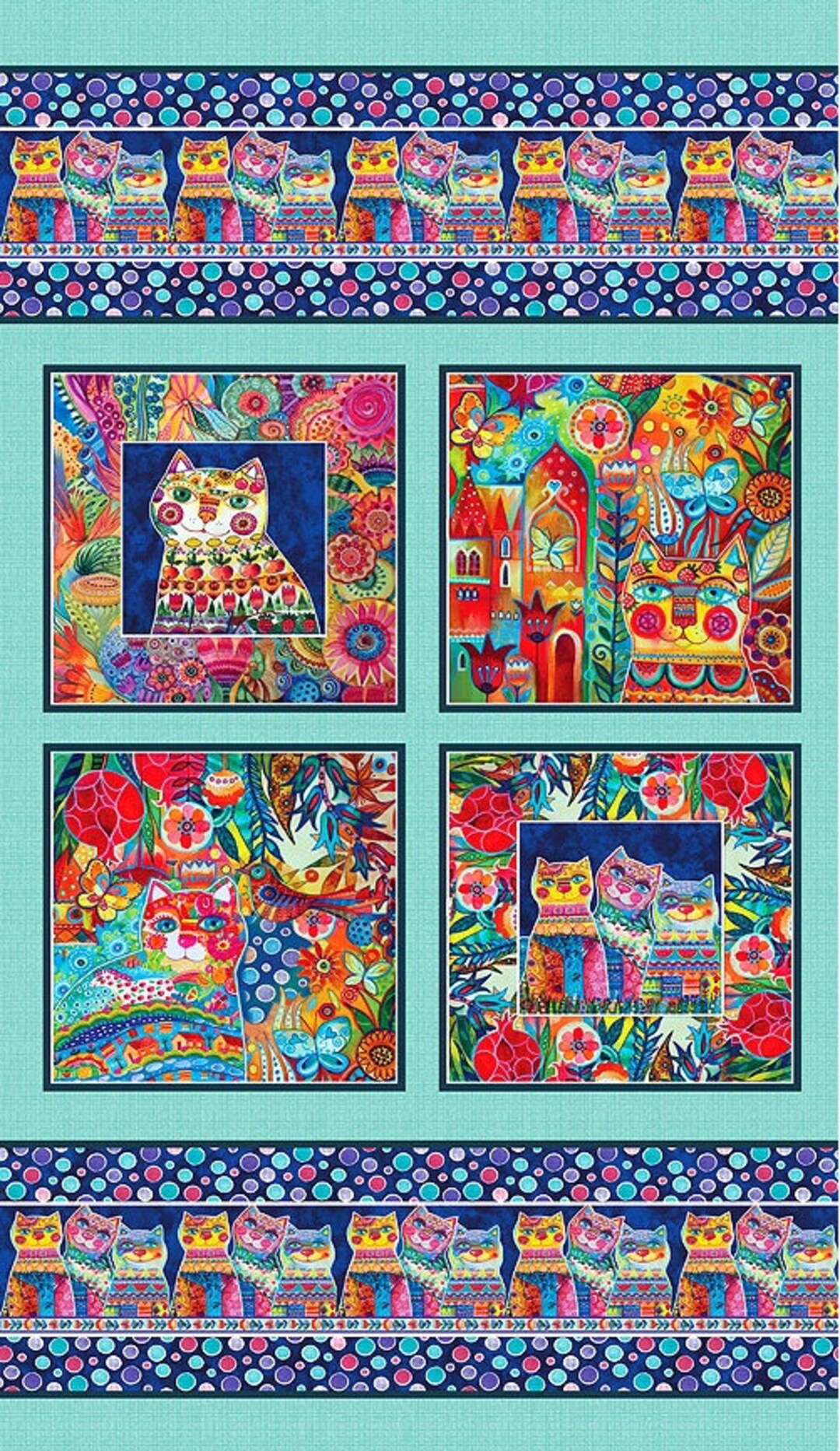 24" X 44" PANEL - Sunshine Cats - Colorful Cats - Seaglass Green by ...