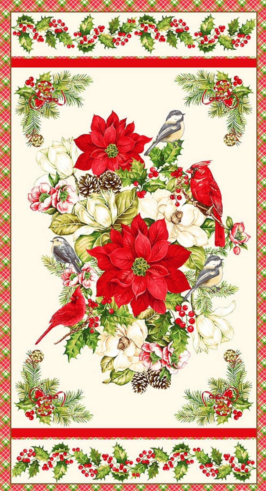 24" X 44" PANEL - Holly Berry Park - Christmas Bouquets - Ivory by Studio E Fabrics - Cotton ...