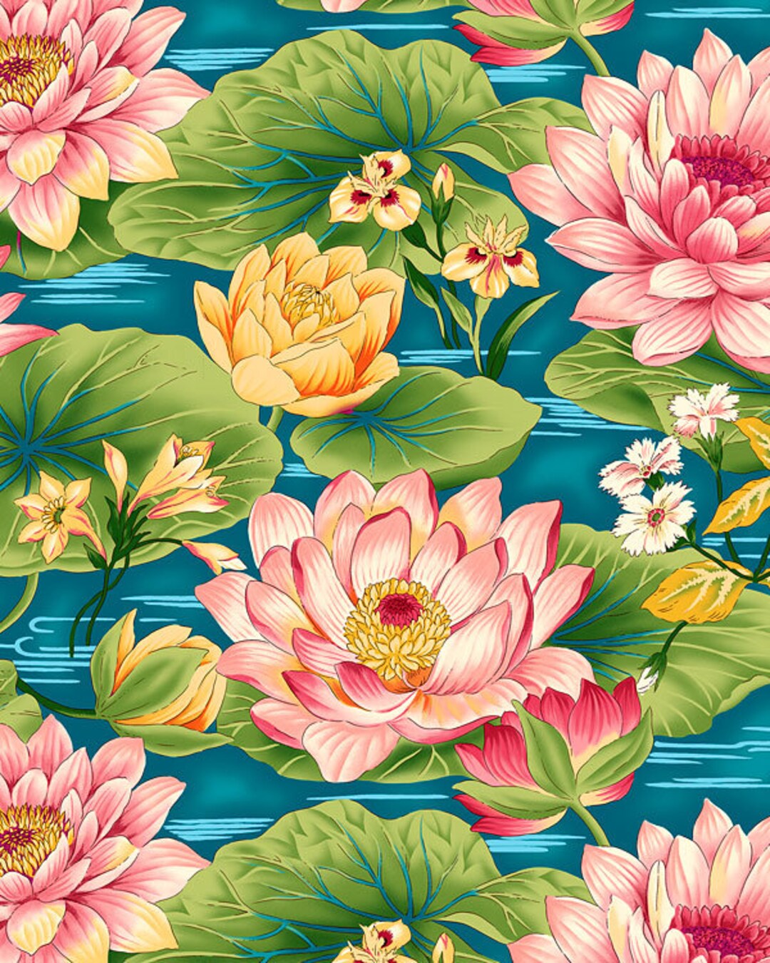 Flower Show III - Water Lilies & Lily Pads - Teal by Benartex 100% ...