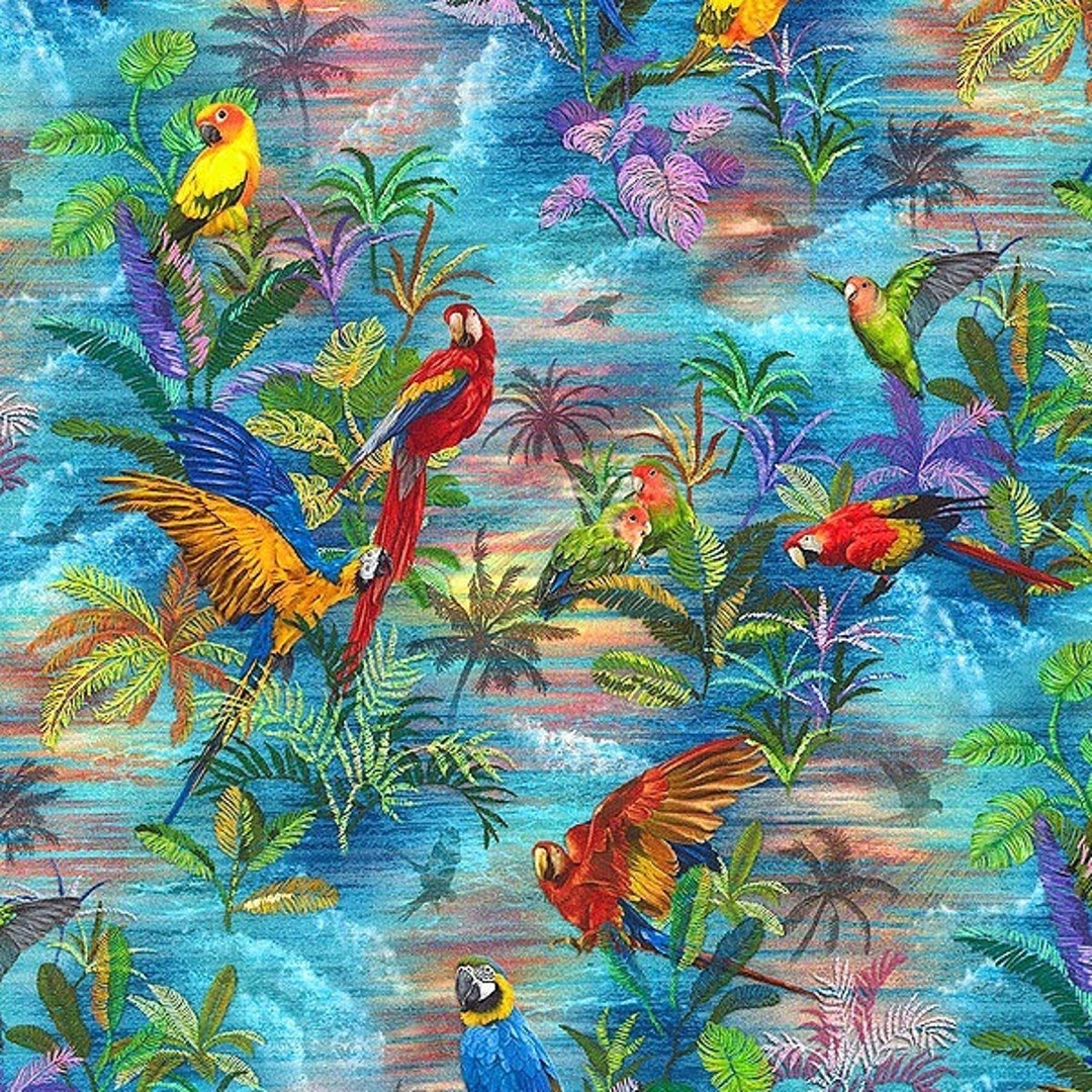 Oasis Fabrics Parrot Isle - Rain Forest Perch - Bahama Blue by HY - 100 ...