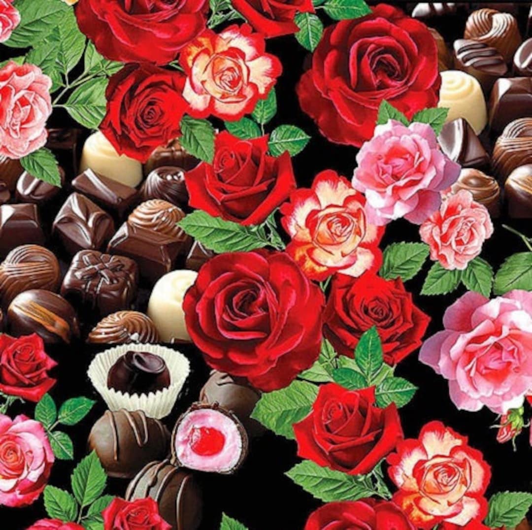 True Romance Roses & Chocolates Black DIGITAL by Benartex Fabrics 100% ...