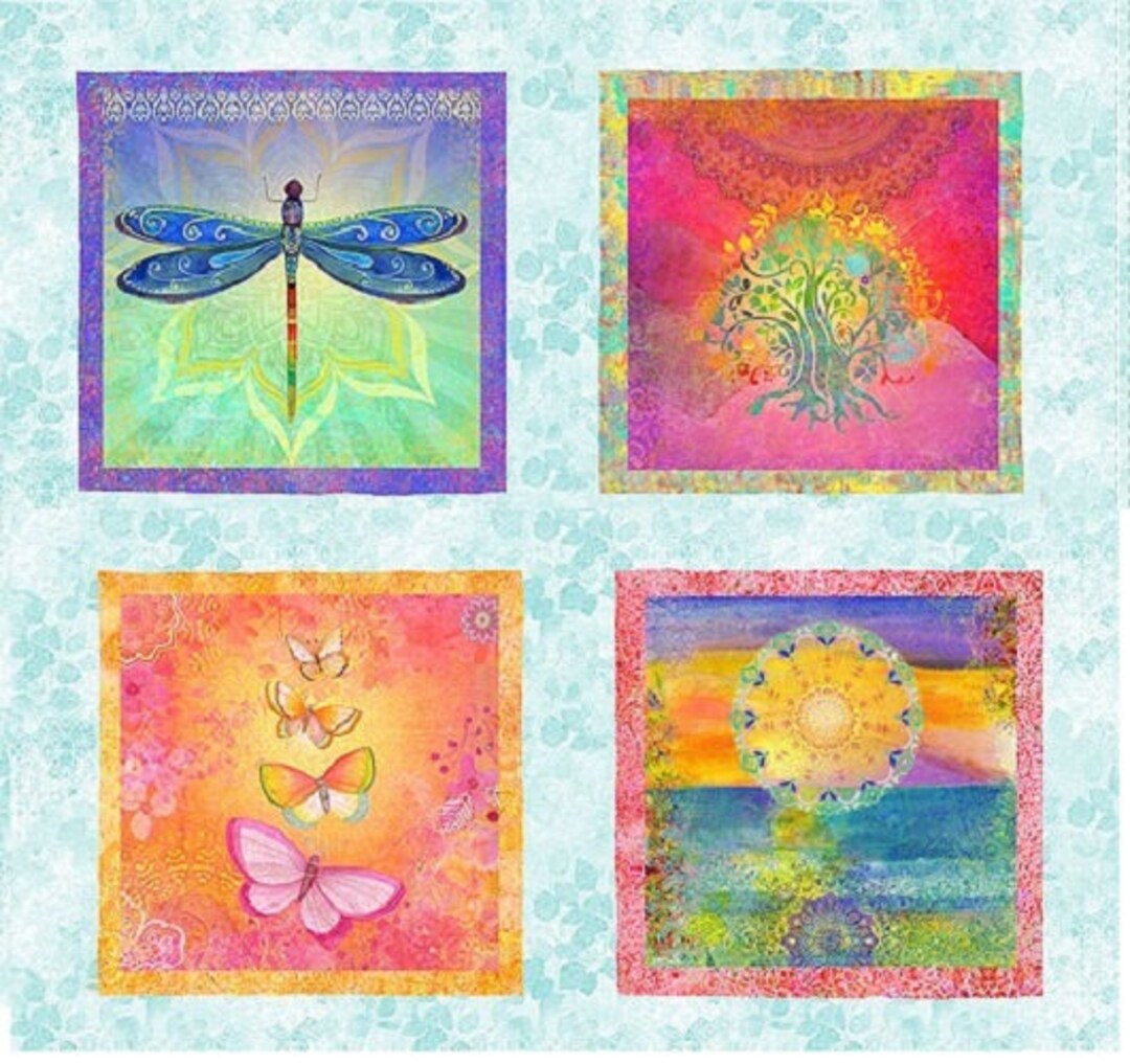 Clothworks Garden Zen - Natures Gifts Blocks - Aqua - 24" X 44" PANEL ...