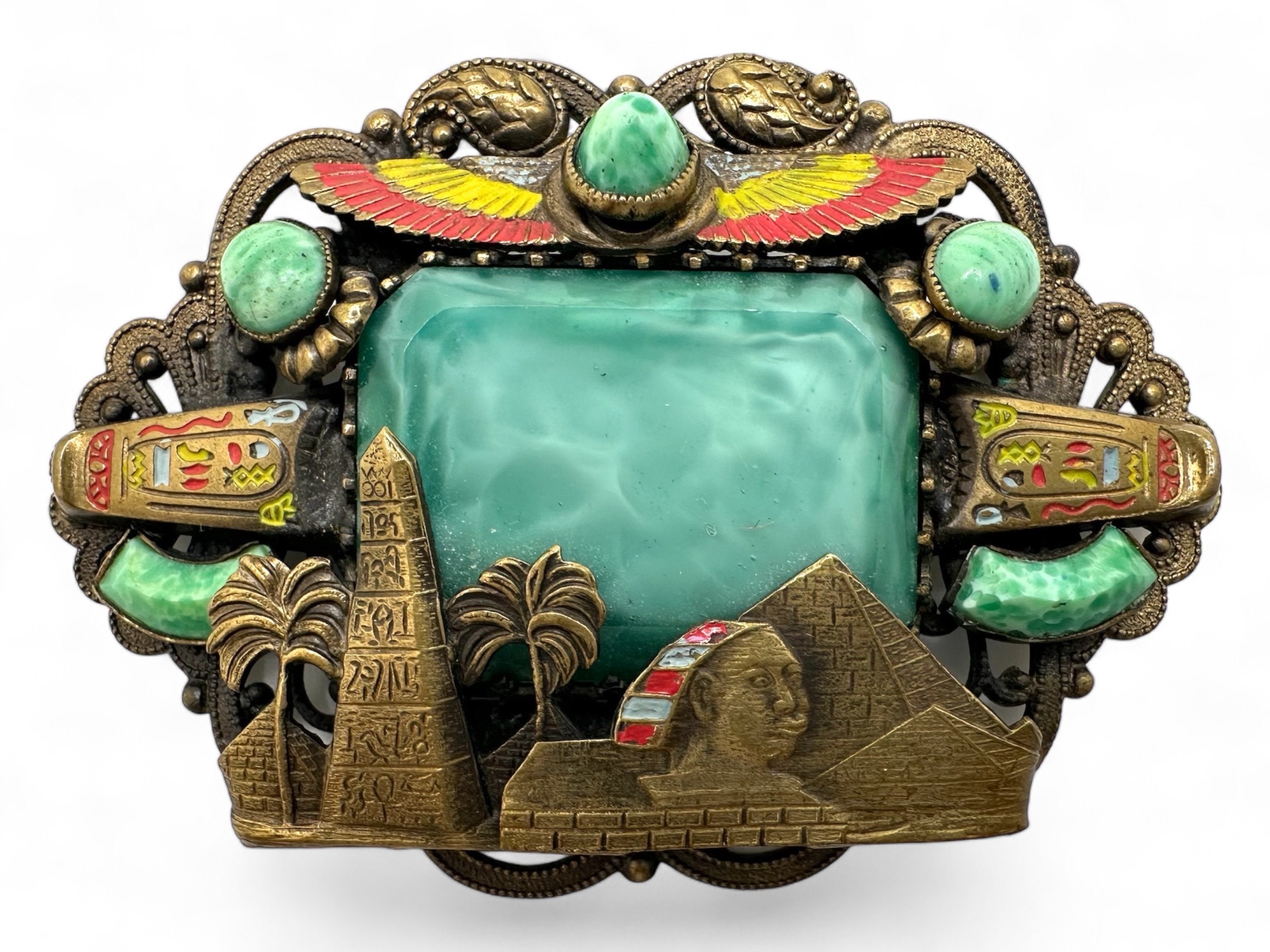 Desirable Max Neiger Egyptian Revival Brooch Art Deco Peking Glass Jade ...