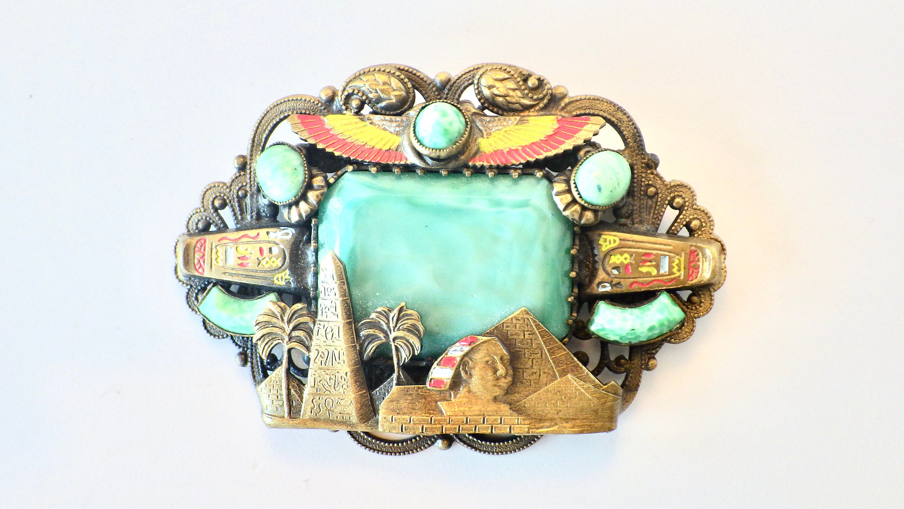 Desirable Max Neiger Egyptian Revival Brooch Art Deco Peking Glass Jade ...