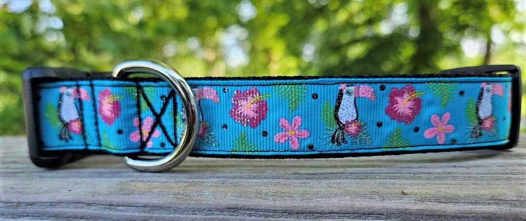 Sparkly Toucans & Tropical Flowers 1" Handmade Adjustable Dog Collar - Etsy