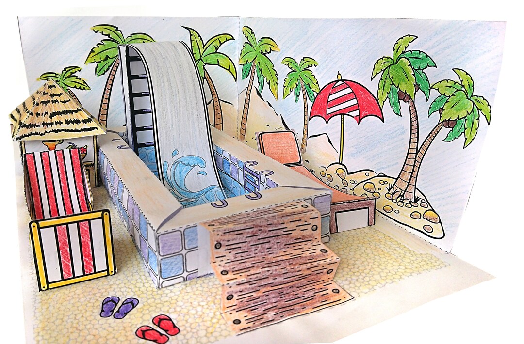 3D Paper Swimming Pool Craft Kit, Kids Coloring Activity Toy (PDF ...