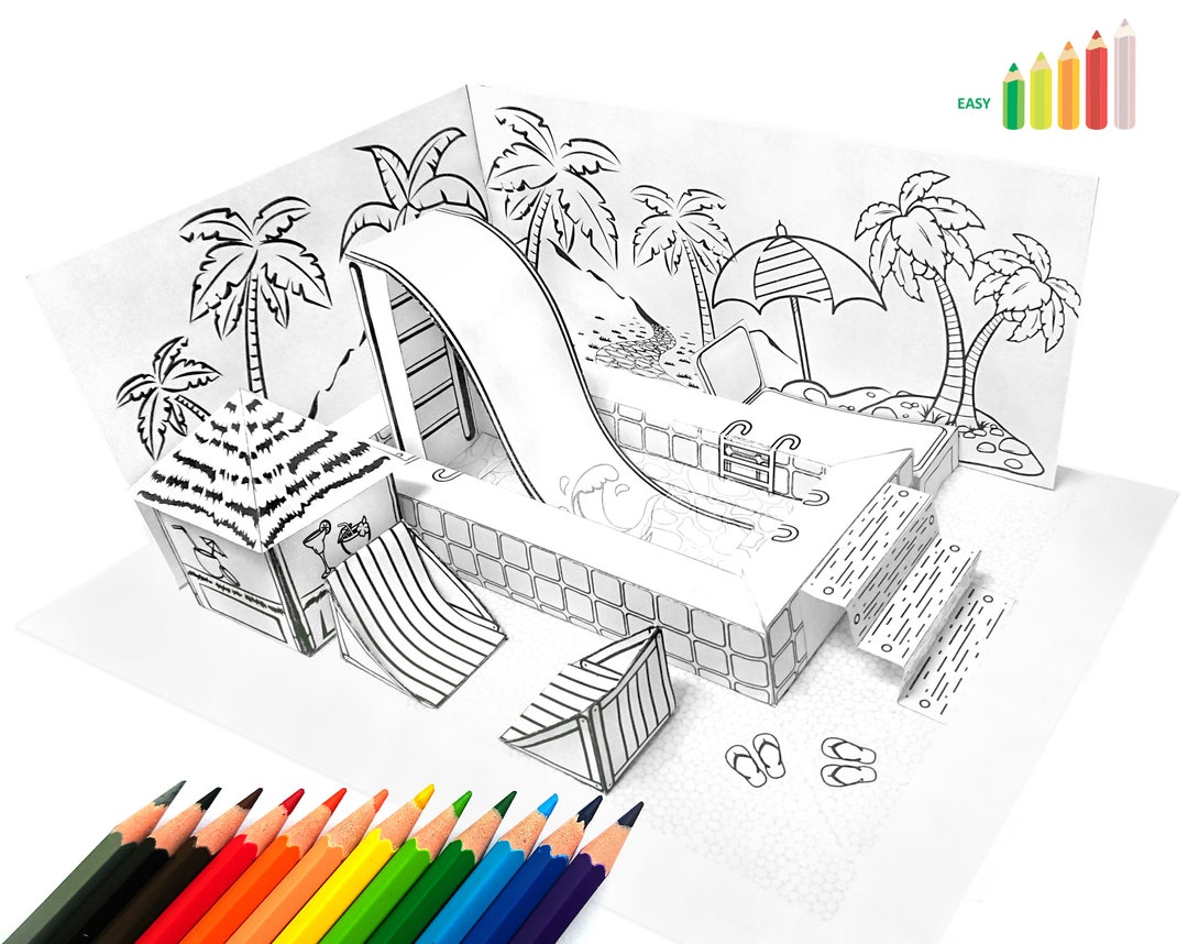 SALE! Printable Kit Coloring 3D Paper Swimming Pool Toy, Paper Kids ...