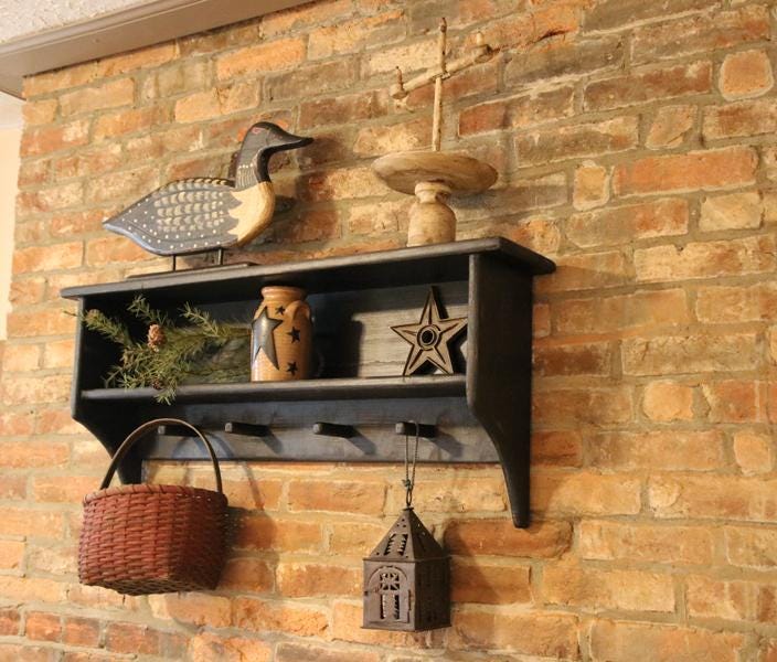 Primitive Handmade Wood Wall Peg Rack Shelf Distressed Black Farmhouse ...