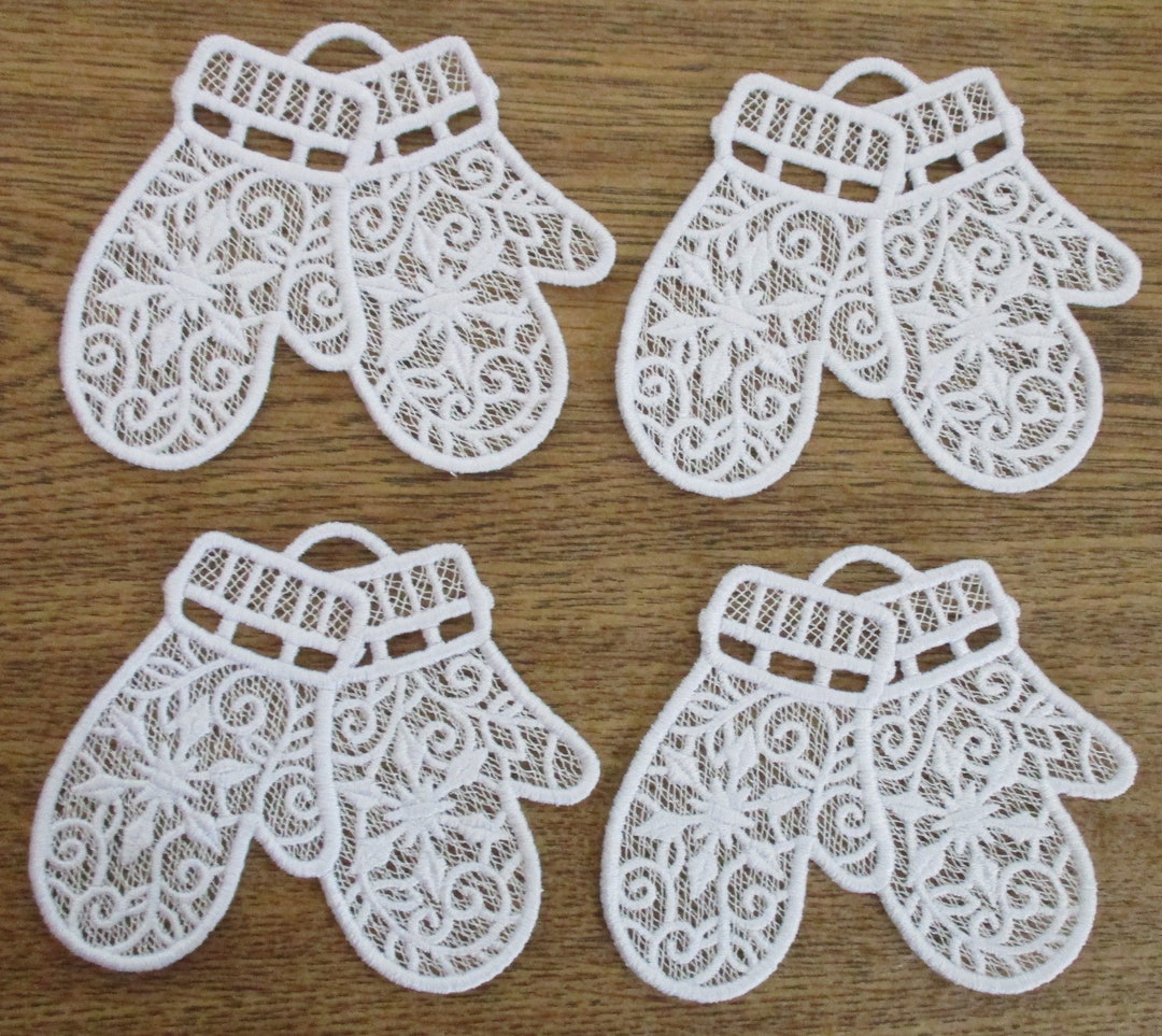 Lace Mitten Ornament Machine Embroidered Set of 4 - Etsy
