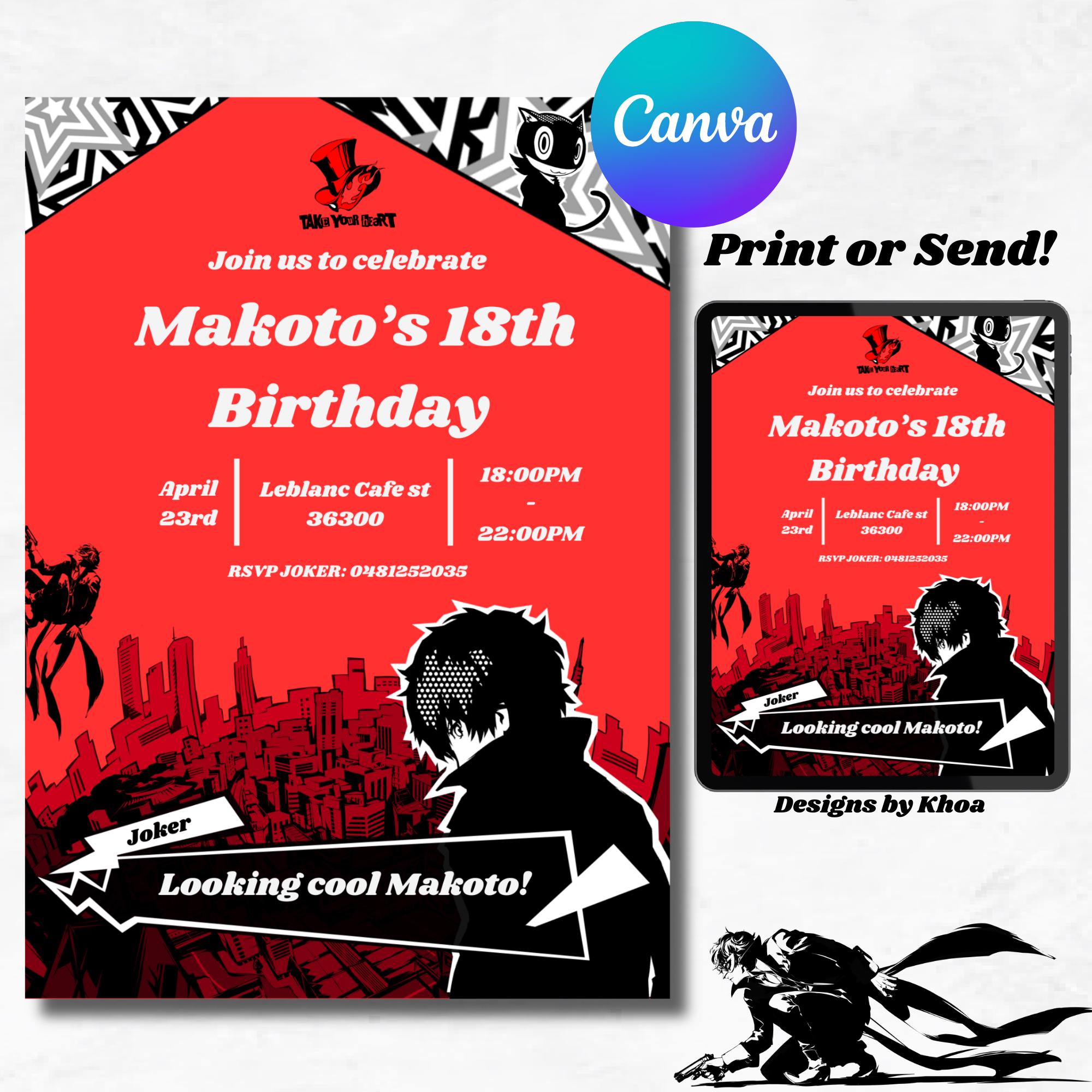 Digital Editable Persona 5 Birthday Invitation, Personalized Persona 5 ...
