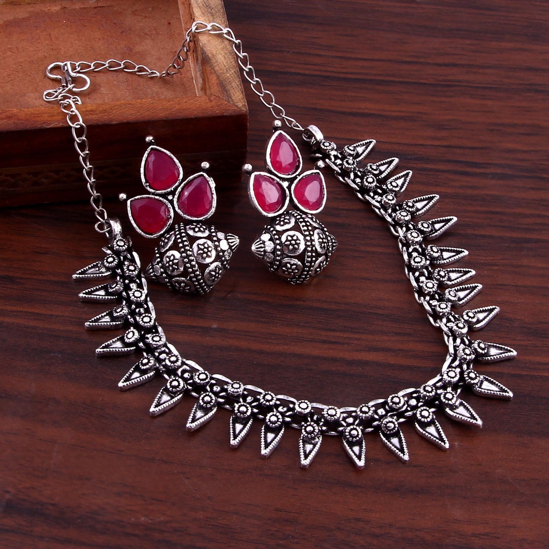 Oxidized Silver Plated Jewelry Set Party Wear Oxidized Choker Necklace ...
