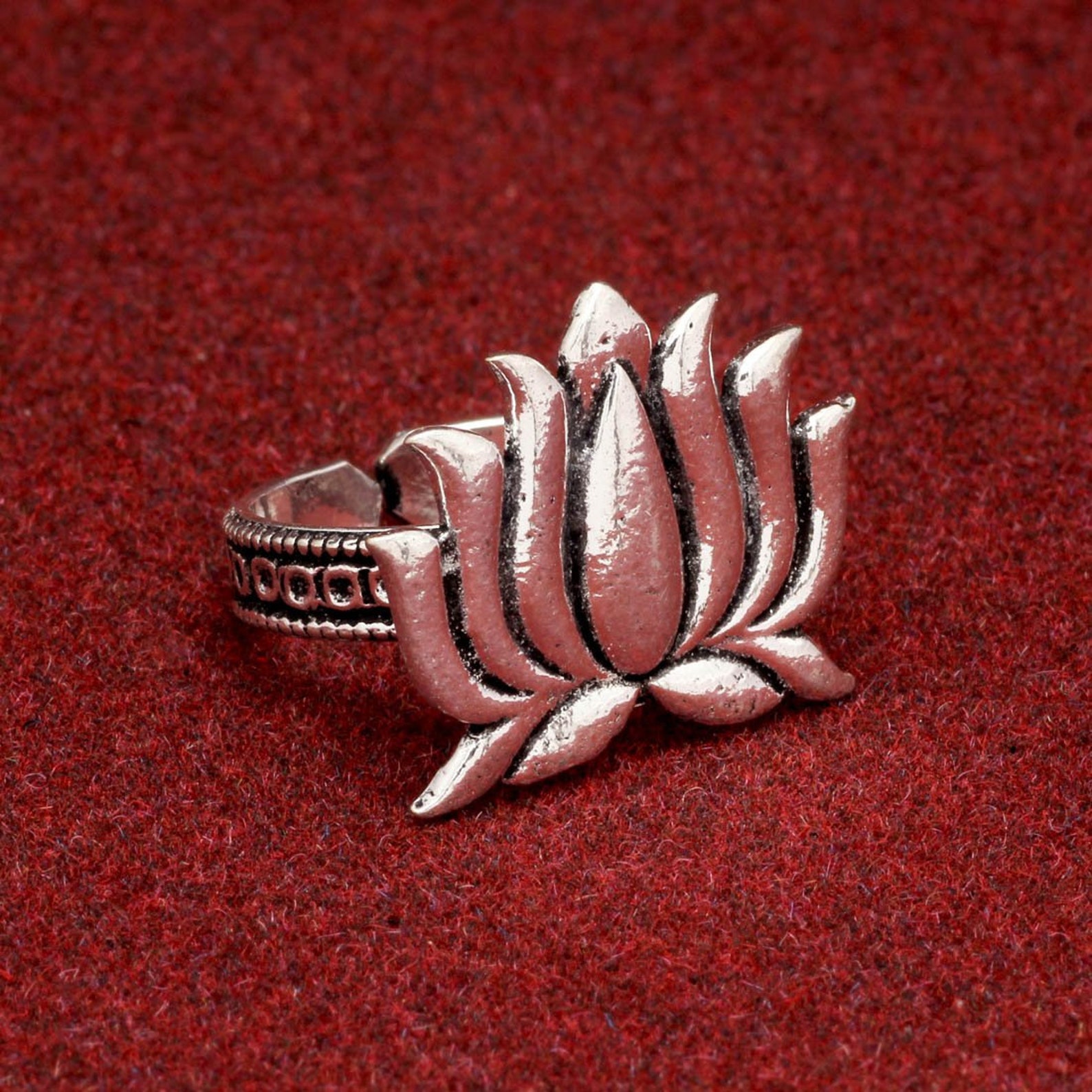 Oxidized Silver Plated Handmade Lotus Design Adjustable Ring/ | Etsy