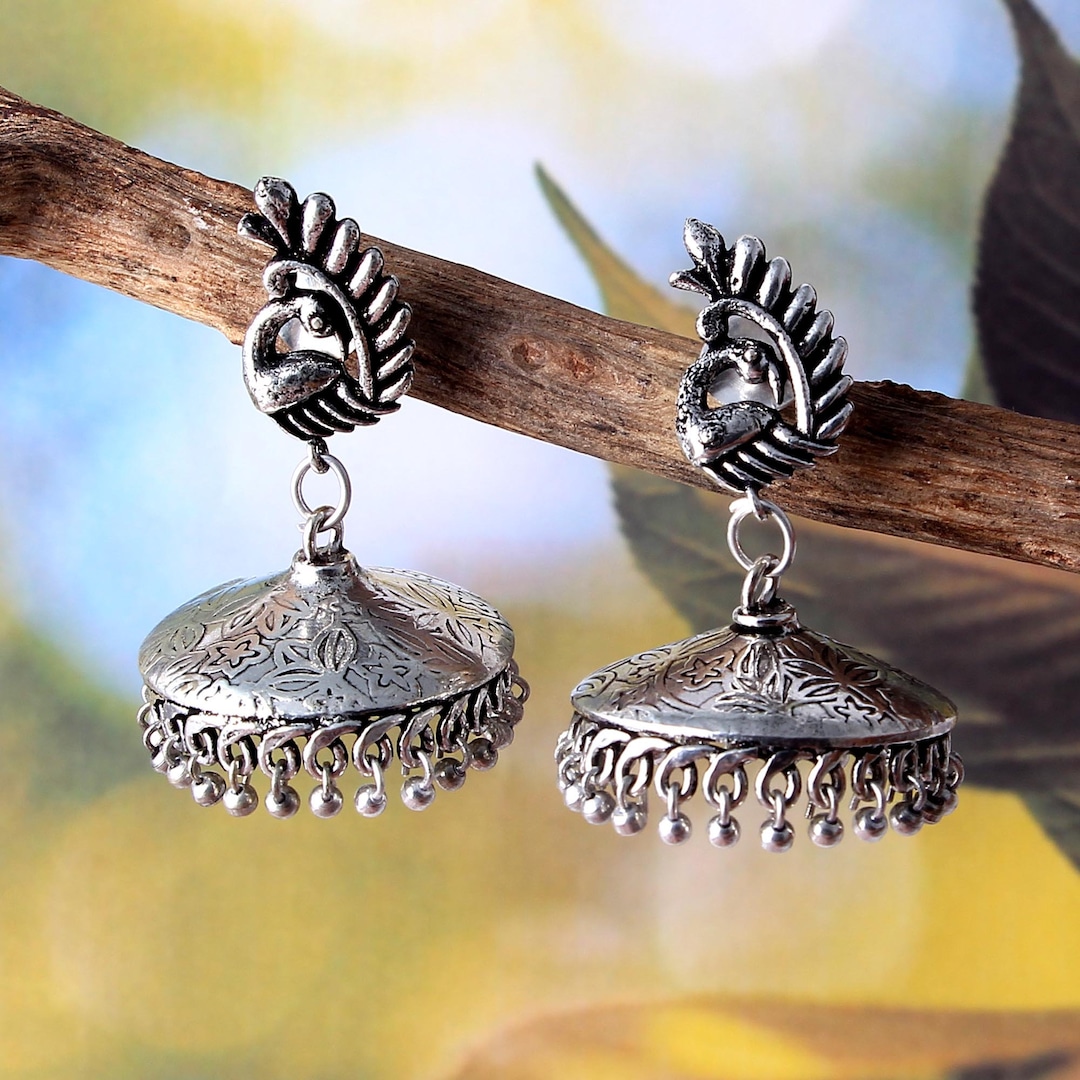 Oxidized Silver Plated New Peacock Dangle Drop Jhumka Jhumki - Etsy