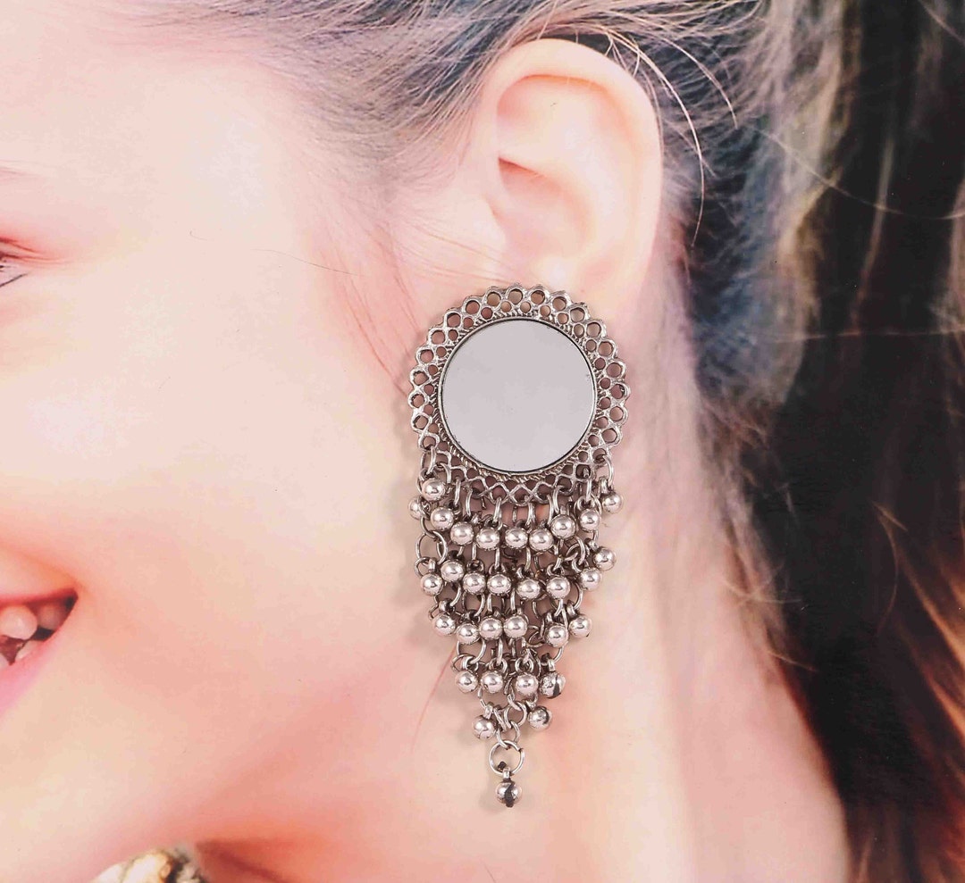Bollywood Mirror Jhumka Earrings: Indian Silver Jhumki - Etsy