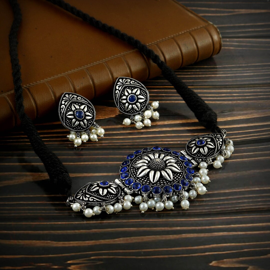 Oxidized Silver Plated Blue Color Jewelry Set Thread Choker Necklace ...