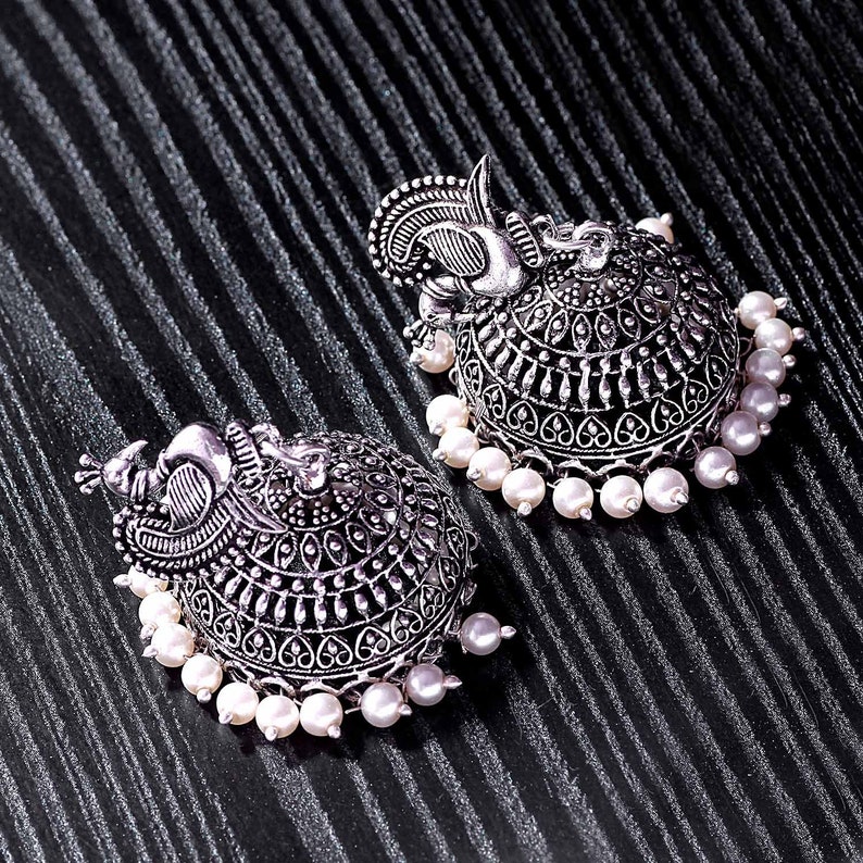 Oxidized Silver Plated Light Weight Pearl Drop Peacock Design - Etsy