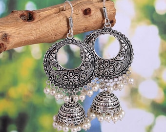 Oxidized Silver Plated Handmade Long chain Jhumka jhumki | Etsy
