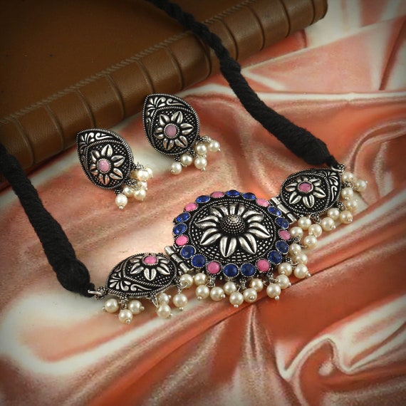 Oxidized Silver Plated Jewelry Party wear Adjustable Thread Choker Necklace Jewelry set women Traditional Jewelry Best Gift her