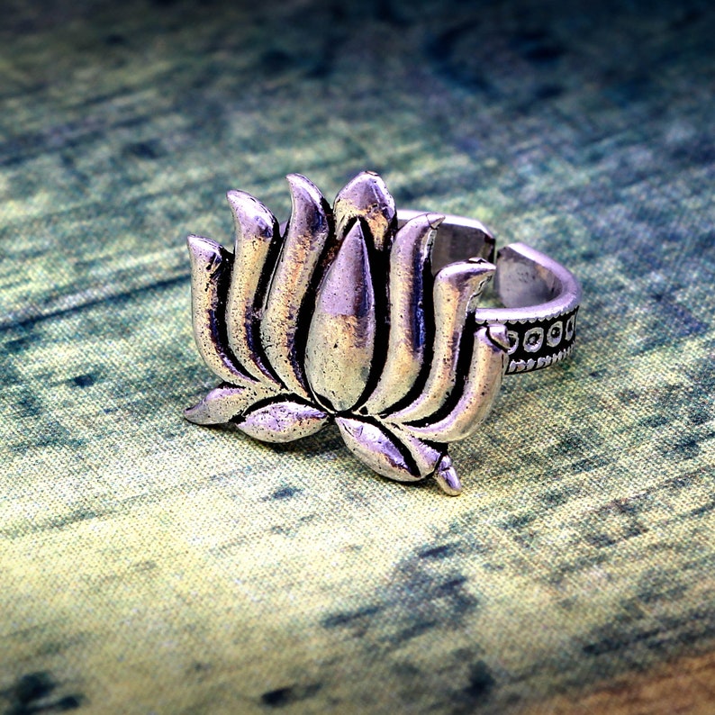 Oxidized Silver Plated Handmade Lotus Design Adjustable Ring/ | Etsy