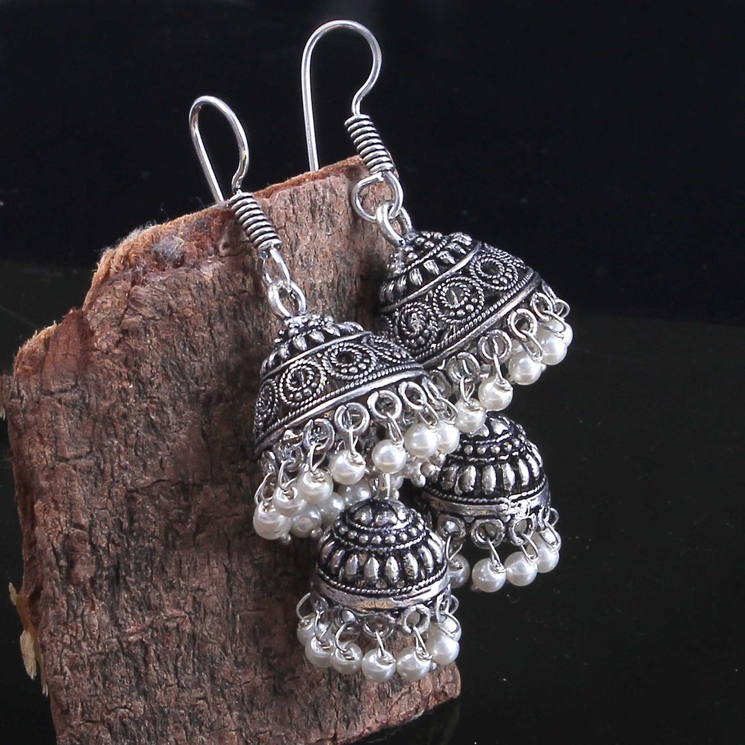 Bollywood Oxidized Silver Plated Light Weight White Pearl Dual - Etsy