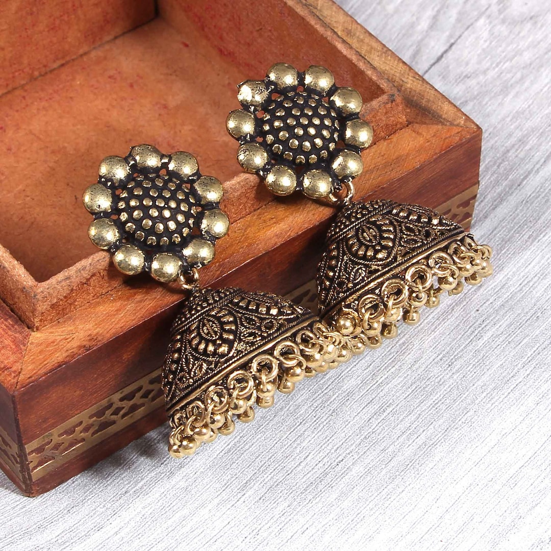 Oxidized Gold Plated Handmade Round Stud Jhumka Jhumki Ethnic Earrings ...