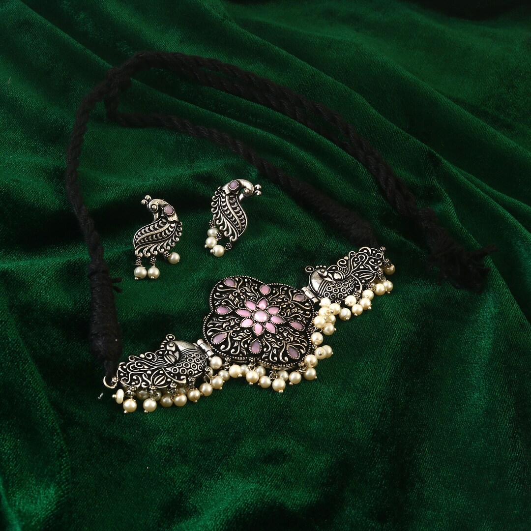 Oxidized Silver Plated Jewelry Set: Thread Choker Necklace & Earrings ...