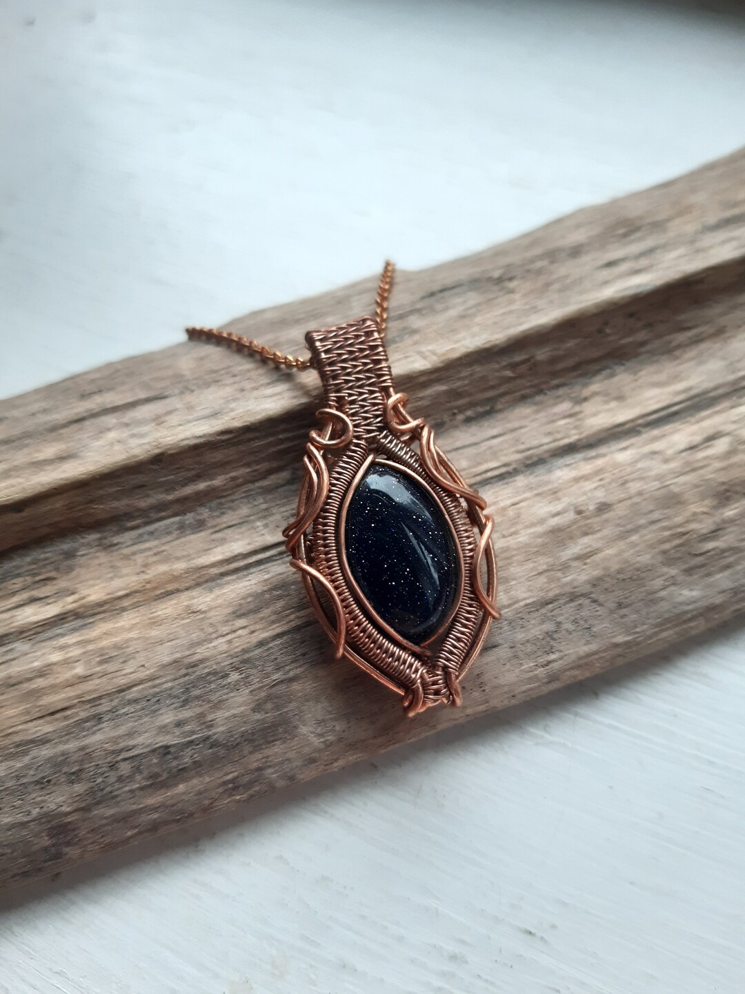 Darkened Copper Wire Woven Dark Blue Goldstone Pendant - Etsy