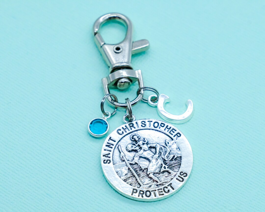St Christopher Bag Charm Clip Keyring | Crystal Birthstone, Initial ...