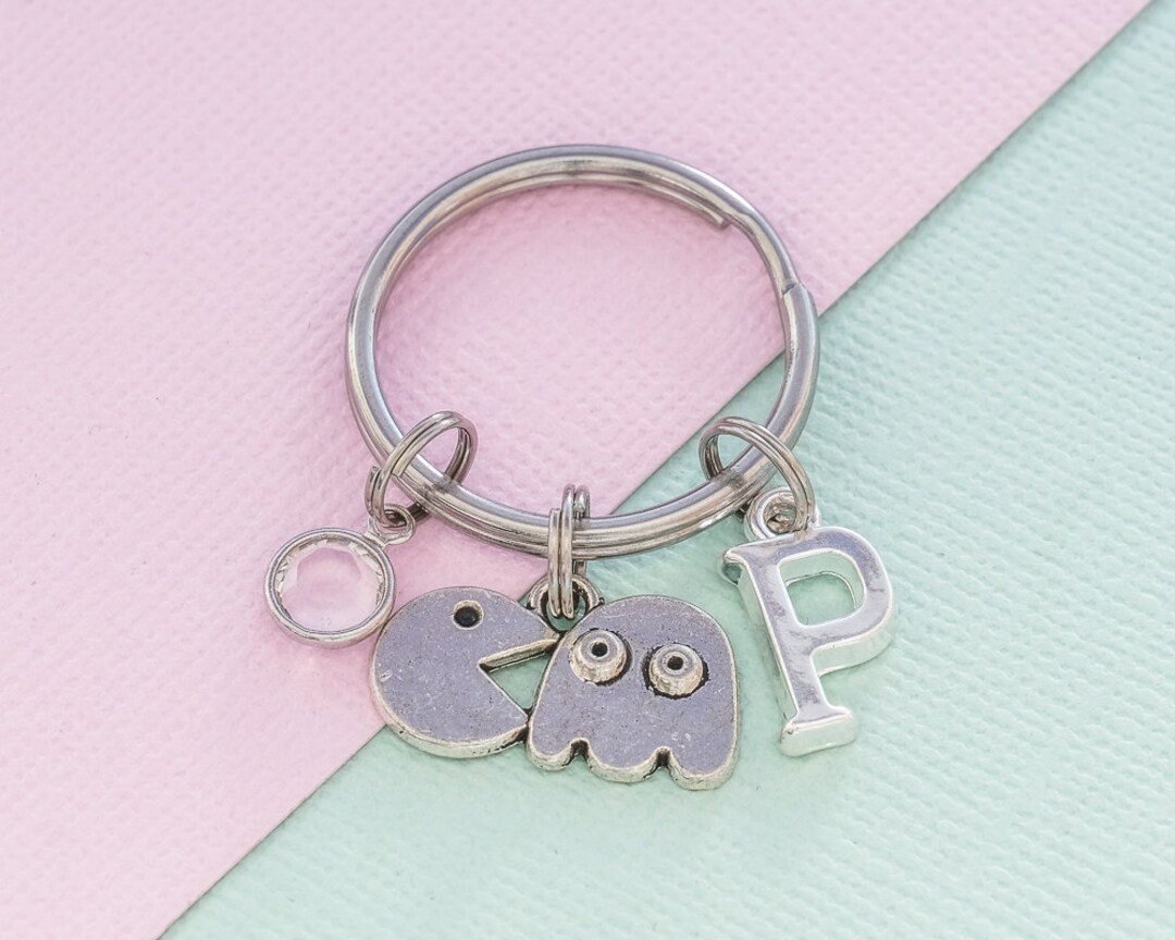 Pac Man Retro Game Keyring, Crystal Birthstone, Monogram Initial Letter ...