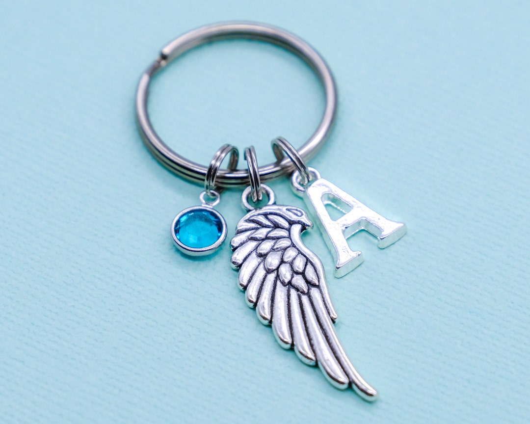 Angel Wing Keyring | Crystal Birthstone, Initial Letter, Personalised ...